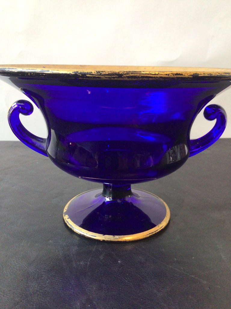 1940s Royal Blue Glass Classical Urn with Gilt Trim For Sale at 1stDibs
