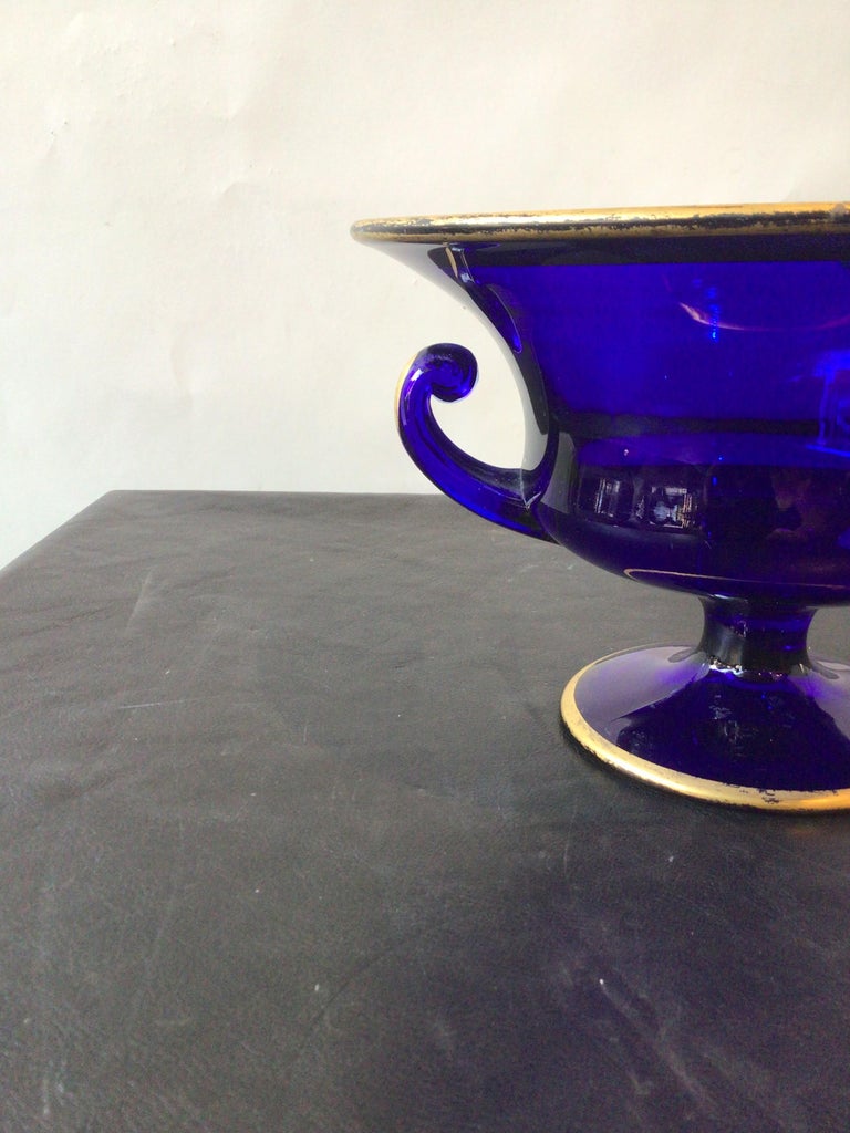 1940s Royal Blue Glass Classical Urn with Gilt Trim For Sale at 1stDibs