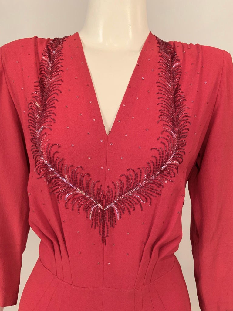 1940's Ruby Red Crepe Evening Gown with Burgundy Bugle Beaded Bodice ...