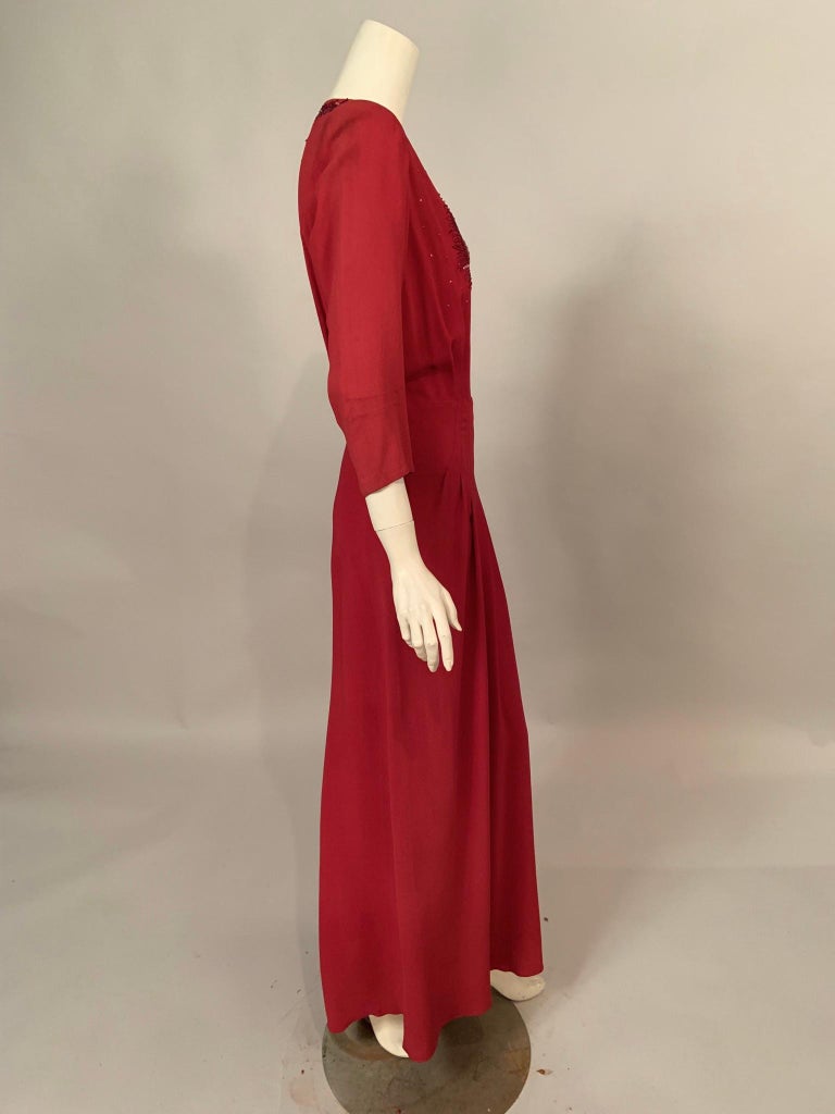 1940's Ruby Red Crepe Evening Gown with Burgundy Bugle Beaded Bodice ...