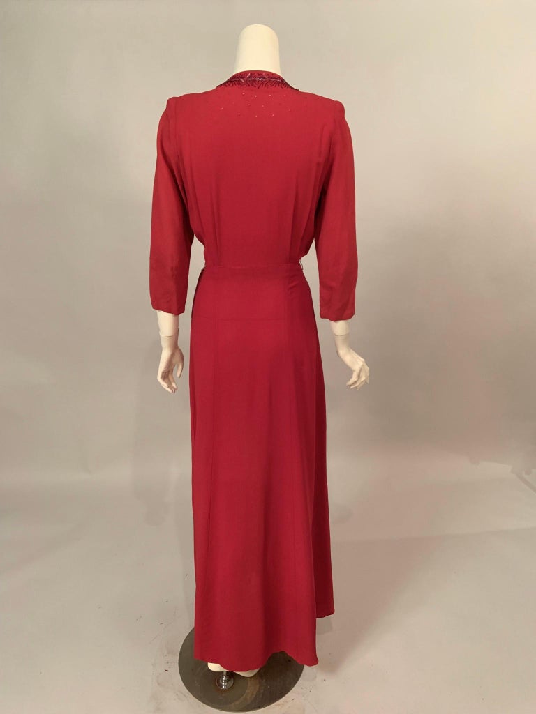 1940's Ruby Red Crepe Evening Gown with Burgundy Bugle Beaded Bodice ...