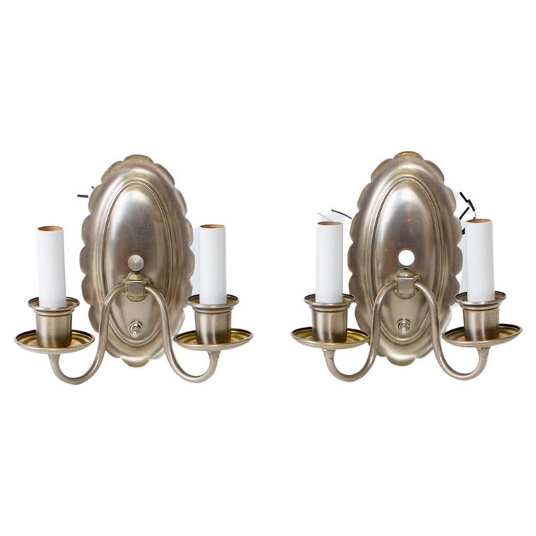 1940’s Satin Nickel Two Arm Sconces, A Pair For Sale at 1stDibs