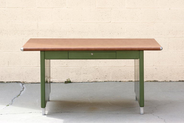 1940s Shaw Walker Panel Leg Tanker Table, Refinished in Army Green at ...