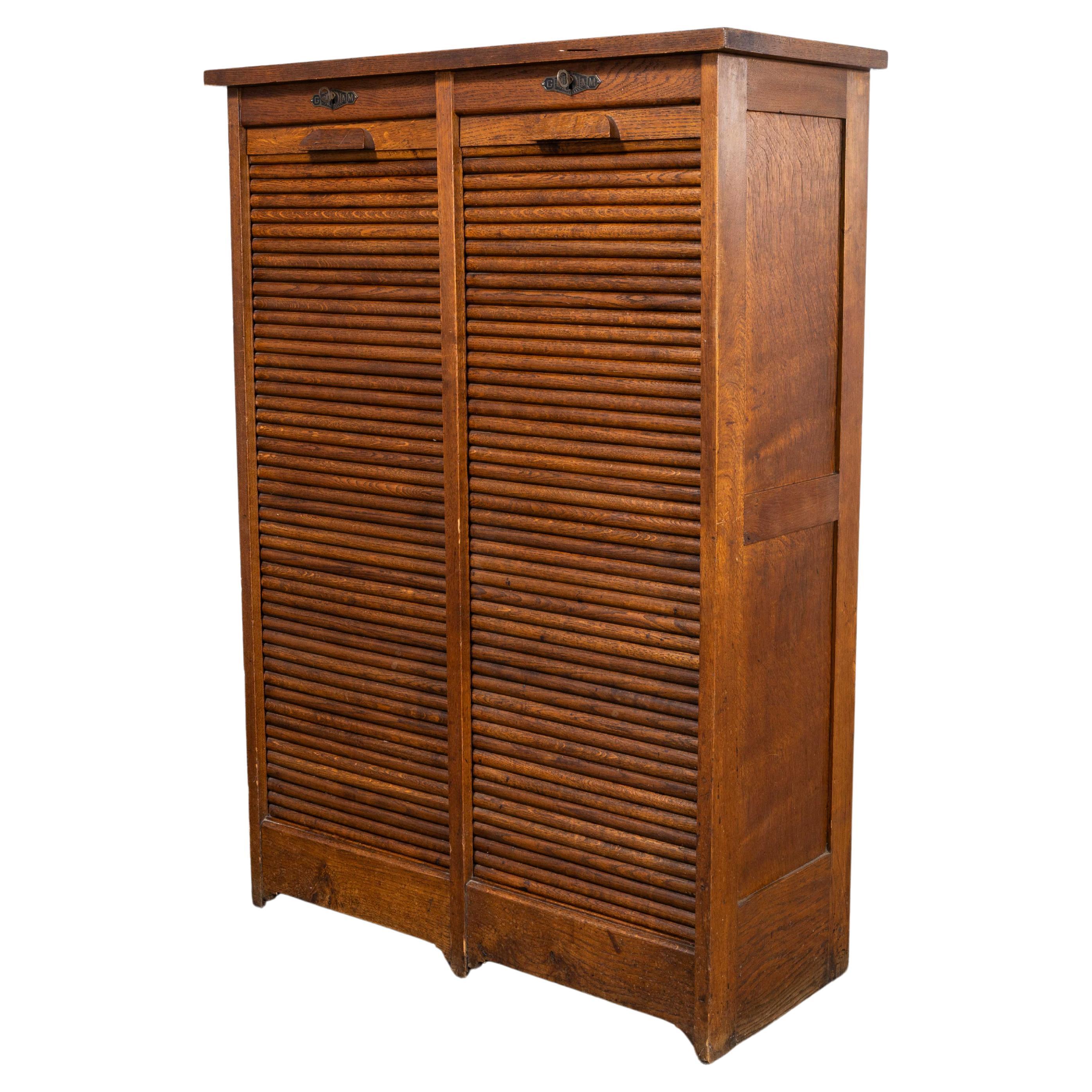 1940's Small Oak French Atelier Tambour Fronted Cabinet For Sale at 1stDibs