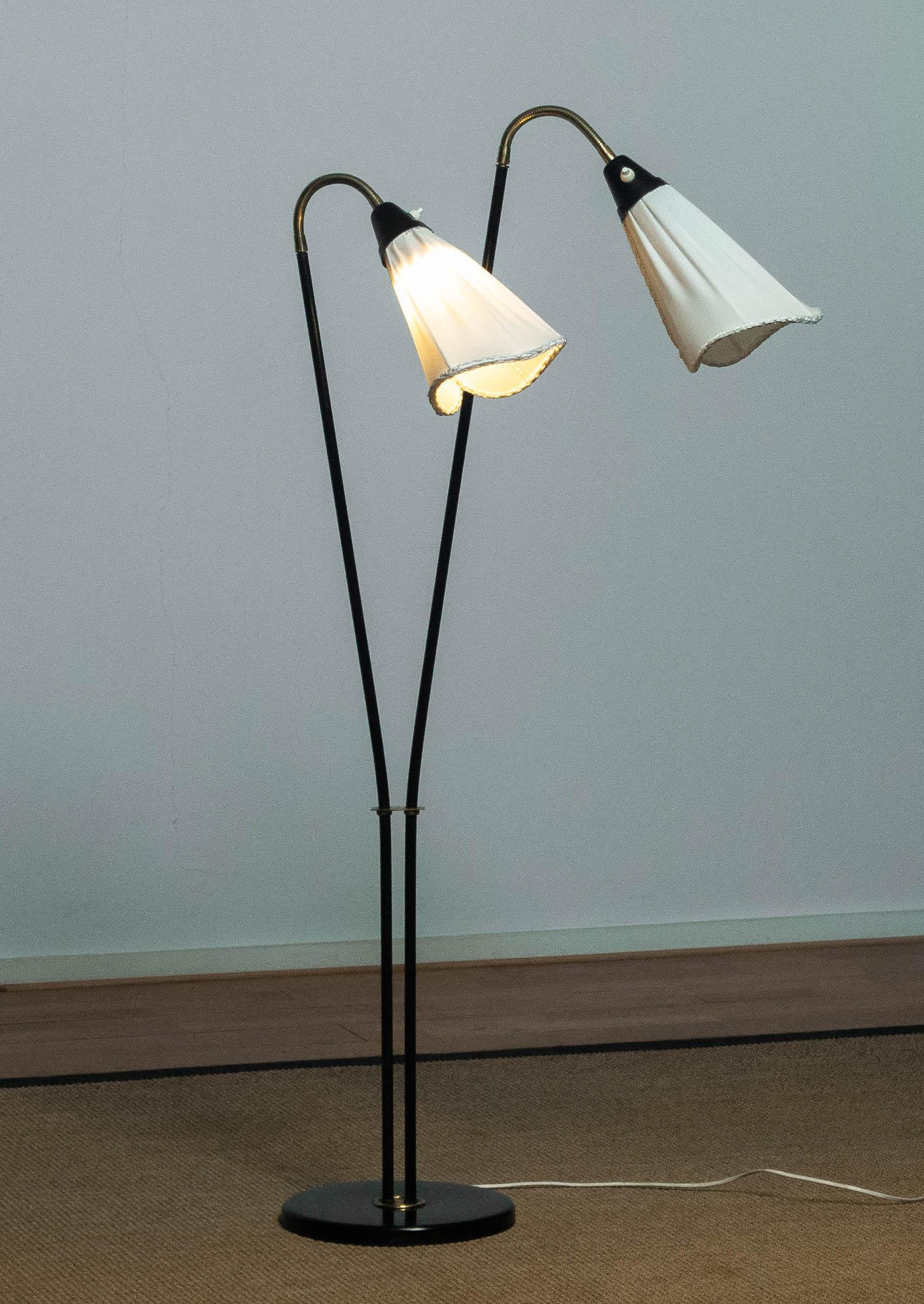 1940's Swedish Black and Brass Double Shade Floor Lamp with White ...