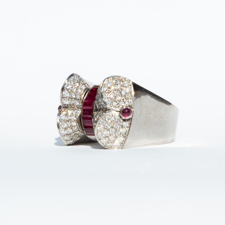 1940s Swiveling Diamond and Ruby Platinum Ring at 1stDibs