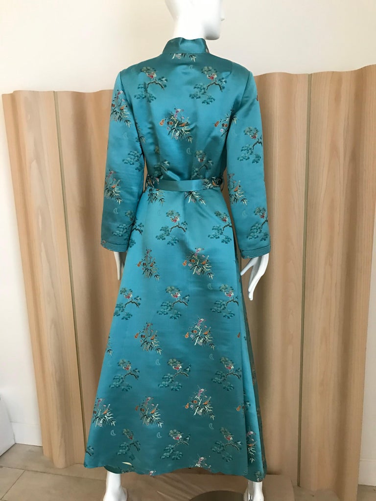 1940s Teal Satin Cheongsam Long Sleeve Robe Coat with Embroidery at ...