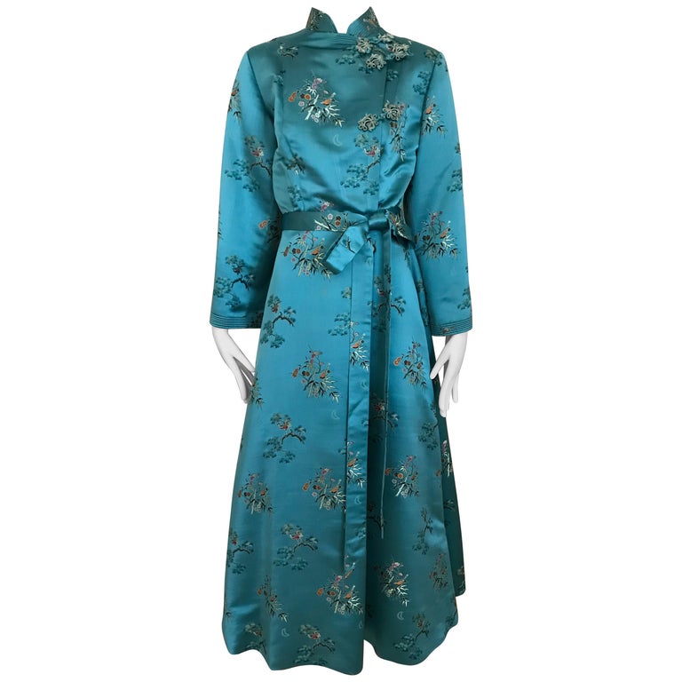 1940s Teal Satin Cheongsam Long Sleeve Robe Coat with Embroidery at ...