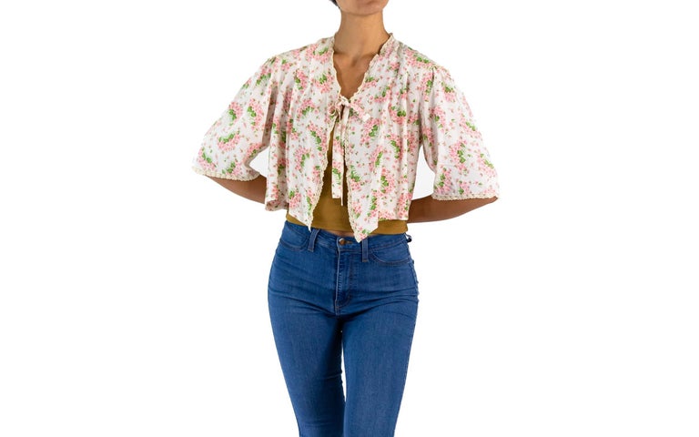 1940S TEXTRON White Cold Rayon Pink Floral Bed Jacket For Sale at 1stDibs