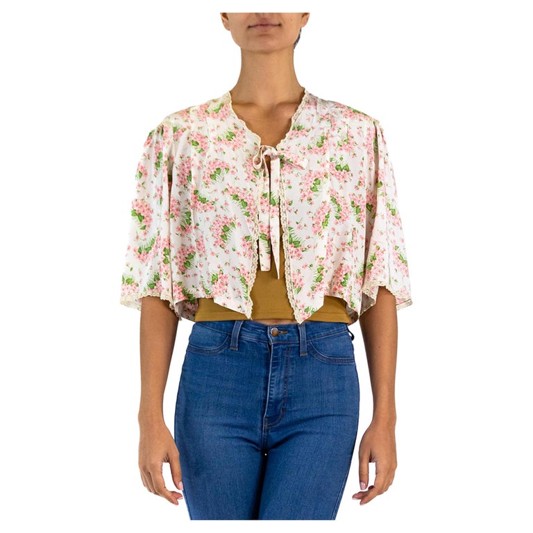 1940s Textron White Cold Rayon Pink Floral Bed Jacket For Sale at 1stDibs