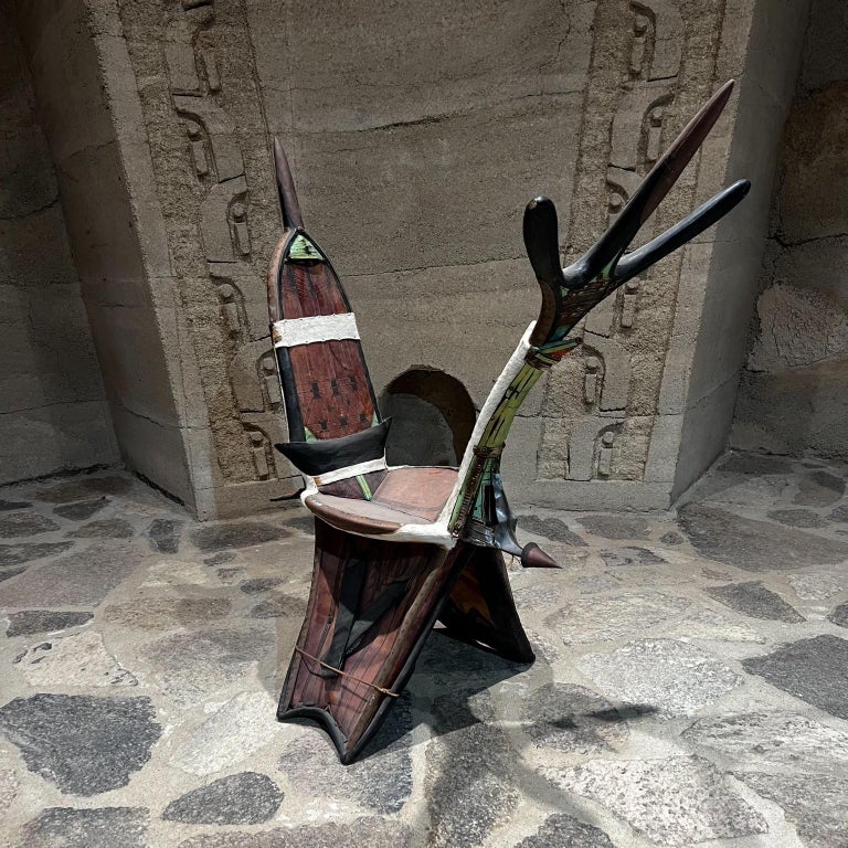 1940s Tribal Wood Throne Chair in Goatskin Leather and Brass For Sale ...