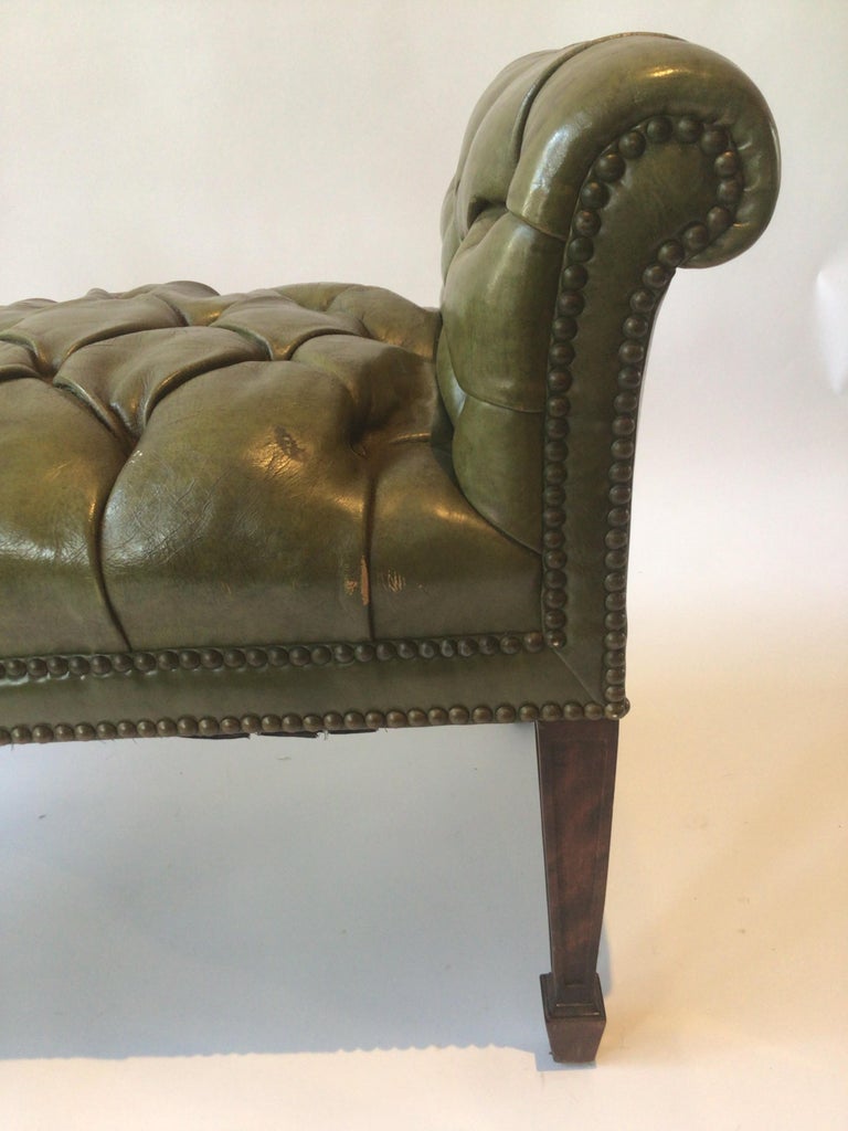 1940s Tufted Green Leather Window Bench at 1stDibs
