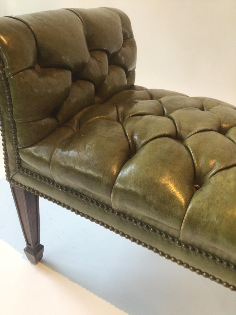 1940s Tufted Green Leather Window Bench at 1stDibs