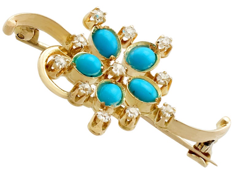 1940s, Turquoise and Diamond Yellow Gold Bar Brooch For Sale at 1stDibs