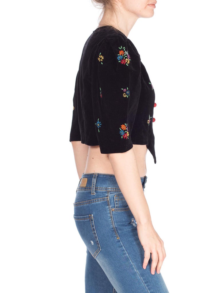 1940S Black Cotton Velvet Top With Floral Embroidery and Red Wood ...