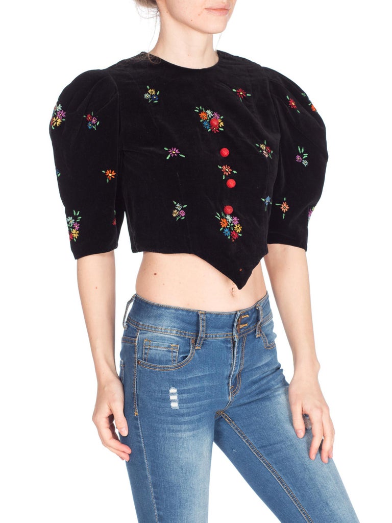 1940S Black Cotton Velvet Top With Floral Embroidery and Red Wood ...