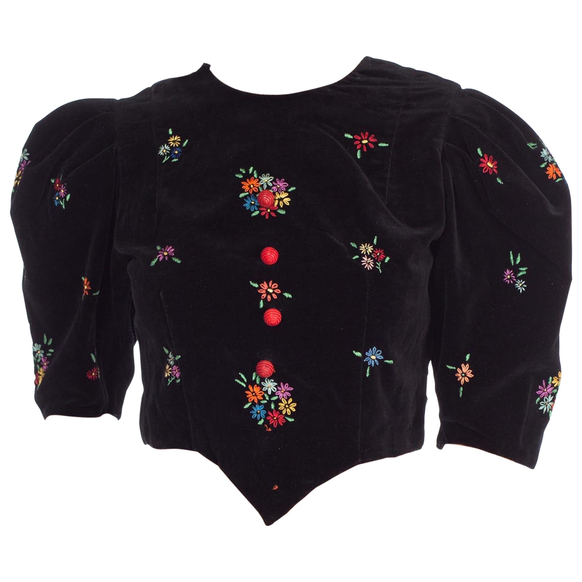 1940S Black Cotton Velvet Top With Floral Embroidery and Red Wood ...