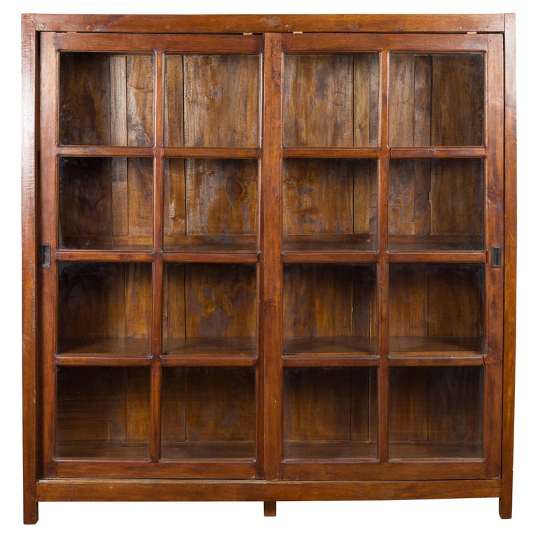 1940s Vintage Javanese Brown Wood Bookcase with Sliding Paneled Glass ...