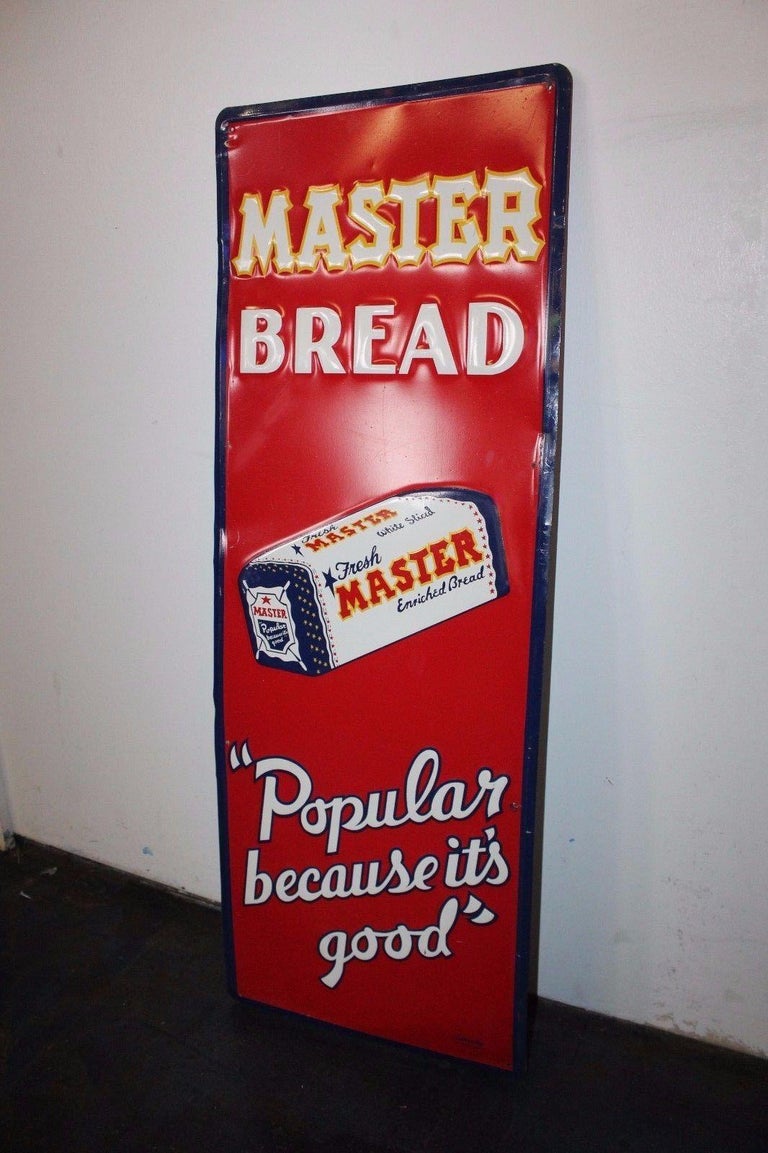 1940s Vintage Master Bread Tin Advertising Sign For Sale at 1stDibs