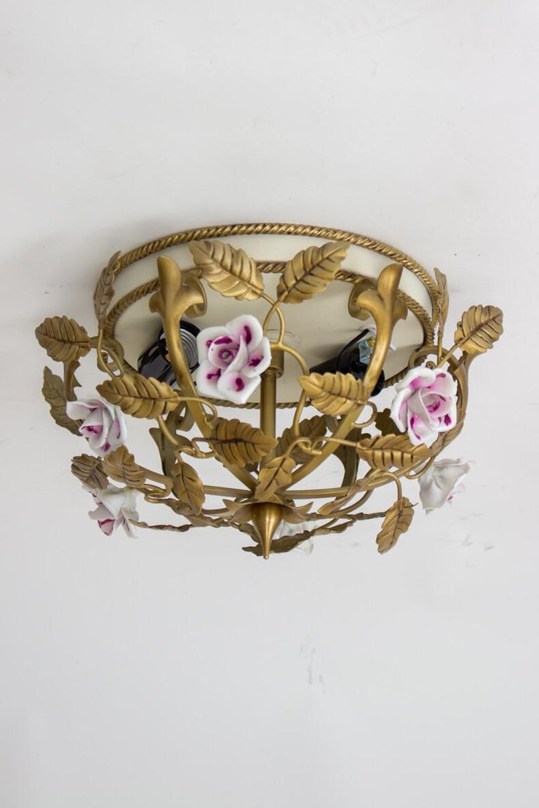 1940's Vintage Porcelain Rose and Gold Floral Flush Mount Fixture For ...