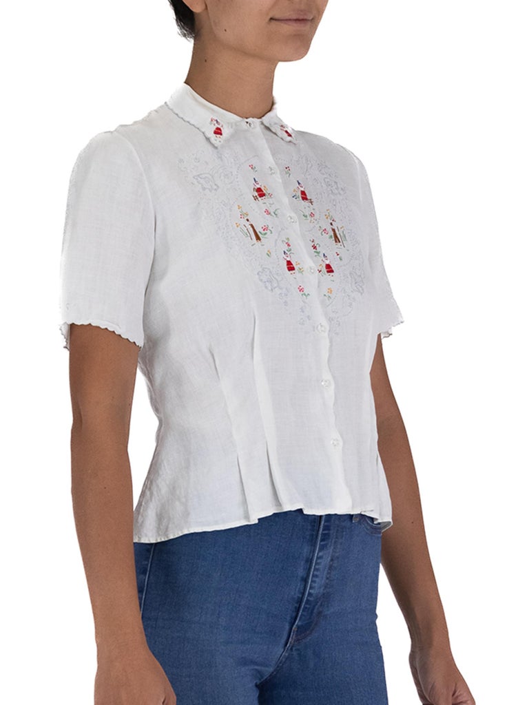 1940S White Button Up Blouse Hand Embroidered Detail For Sale at 1stDibs