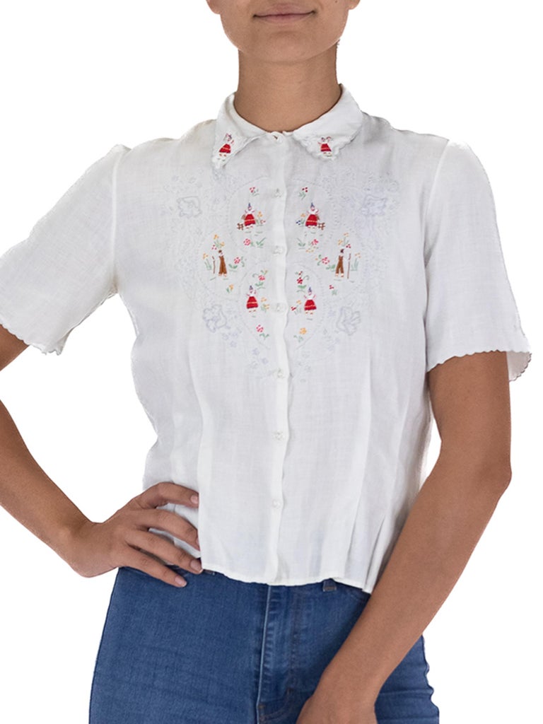 1940S White Button Up Blouse Hand Embroidered Detail For Sale at 1stDibs