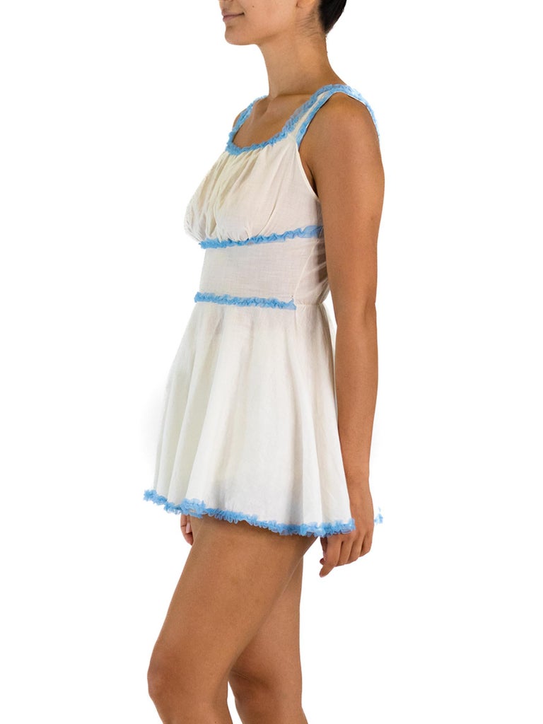 1940S White Cotton Blue Chiffon Ruffle Trim Negligee and Shorts Set For ...