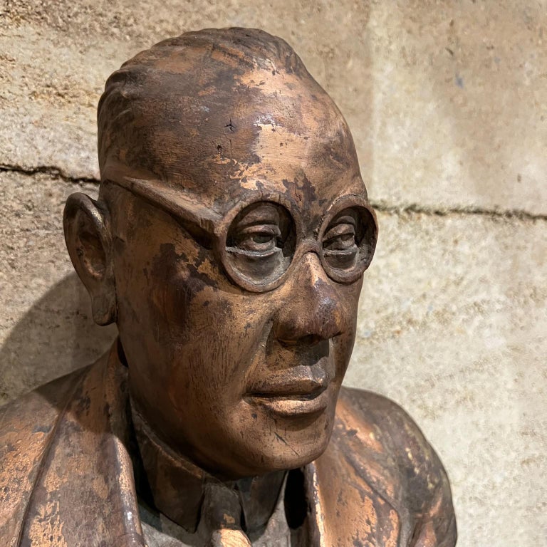 1943 Hand Carved Wood Bust Refined Bespectacled Gentleman Patinated ...