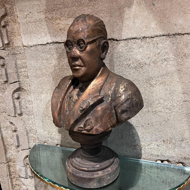 1943 Hand Carved Wood Bust Refined Bespectacled Gentleman Patinated ...