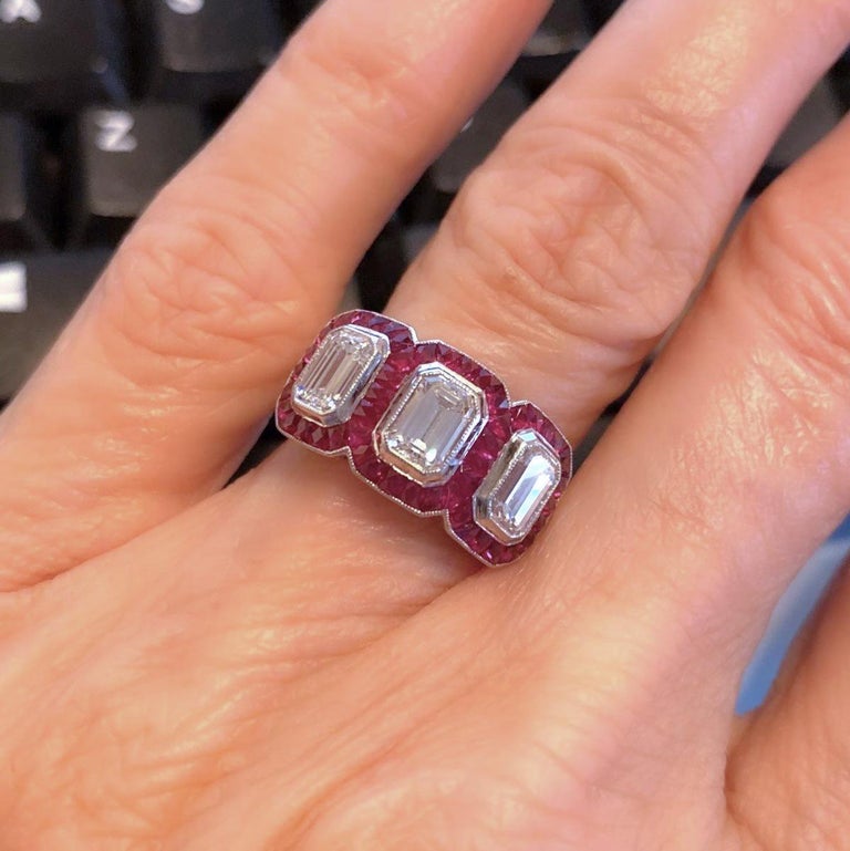 1.95 Carat Emerald Cut Diamond and Ruby Platinum Engagement Ring at ...