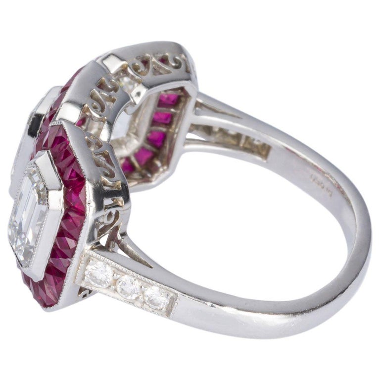 1.95 Carat Emerald Cut Diamond and Ruby Platinum Engagement Ring at ...