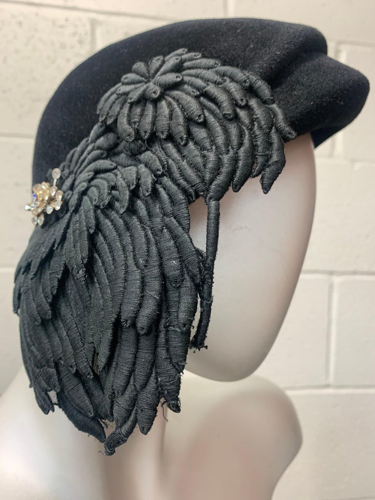 1950 Christian Dior Black Wool Double-Brimmed Hat w/ Embroidered Floral ...