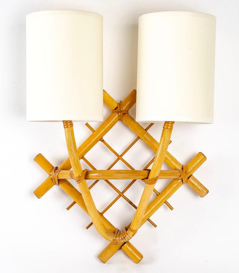 1950 Pair of Wall Lights in Rattan Louis Sognot For Sale at 1stDibs