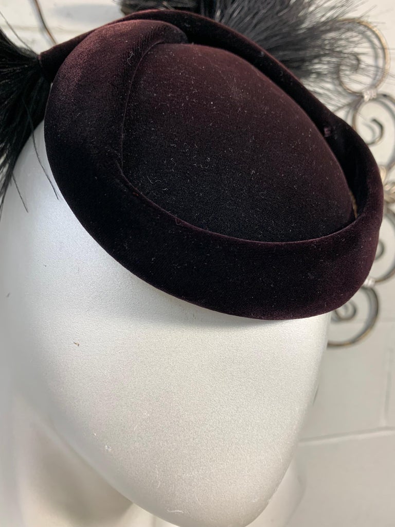 1950 Saks Fifth Avenue Black Velvet Fascinator Hat w Egret Feather ...