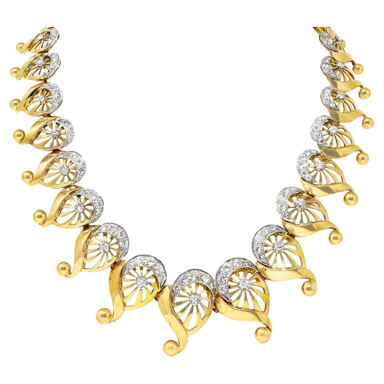 1950’s 12.00 Carats Diamond 18 Karat Yellow Gold Linked Collar Necklace ...