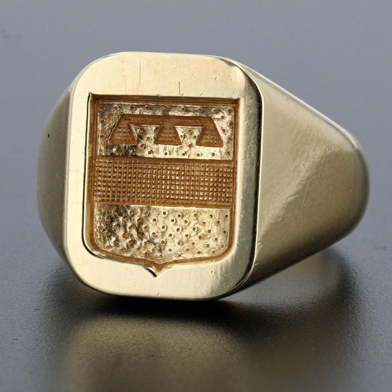 1950s 18 Karat Yellow Gold Armored Signet Ring at 1stDibs