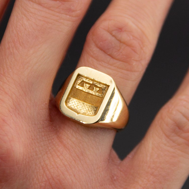 1950s 18 Karat Yellow Gold Armored Signet Ring at 1stDibs