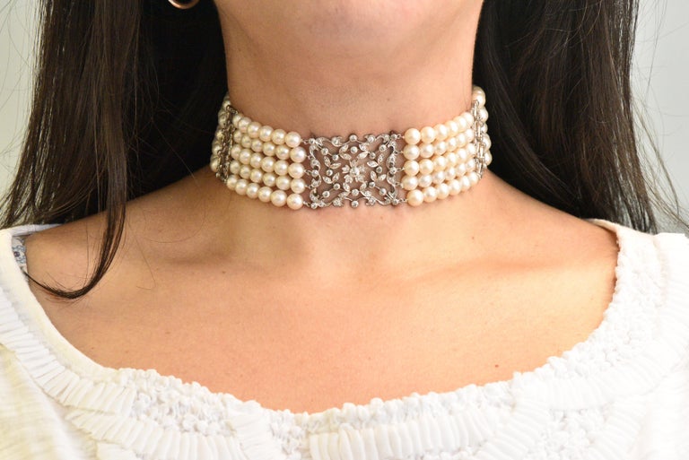 1950s 3.50 Carat Diamond Cultured Pearl Platinum Choker Necklace at 1stDibs