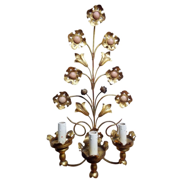Pair of Mid-Century Modern Italian Three-Light Gilt Tole Wall Lamps ...