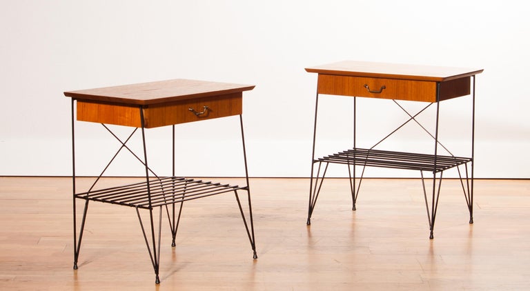 1950s, a Set of Teak and Black Metal Gullberg Style Nightstands Bedside ...