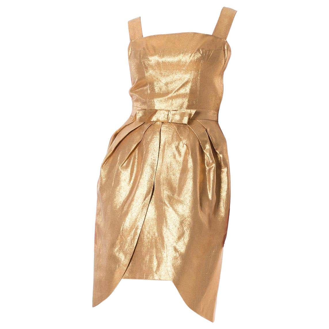 1950s Metallic Acetate And Lurex Gold Lamé Cocktail Dress With