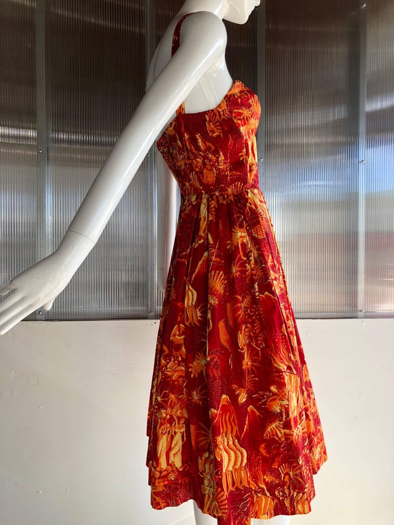 1950s Alfred Shaheen Red Orange and Yellow Cotton Sundress W/ Tiki ...