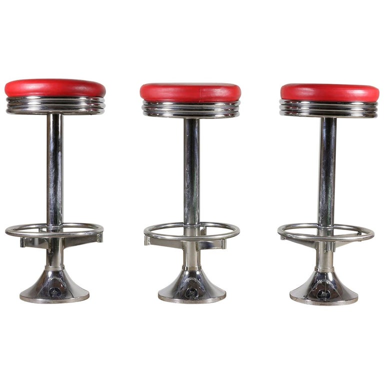 1950s American Diner Style Red Chrome Stools For Sale at 1stDibs