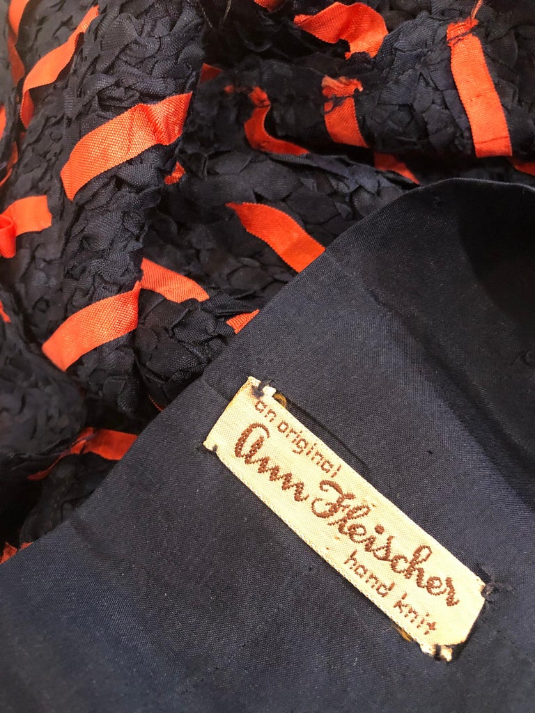 1950s Ann Fleischer for I Magnin Hand Ribbon Knit Navy Blue + Red ...