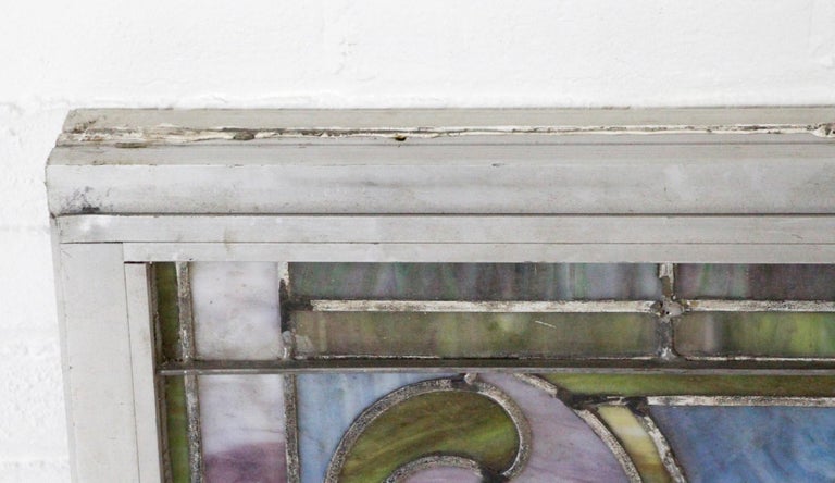 1950s Antique Stained Glass Window with Aluminum Frame Done in Blue and ...