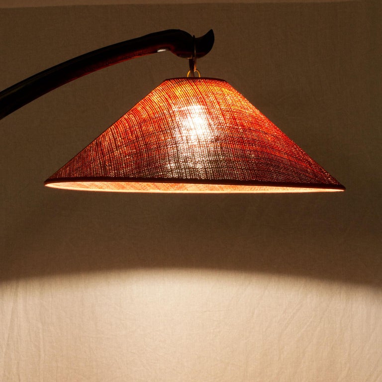 1950s Arched Standing Lamp, Mahogany, Rusty Red Raffia Lampshade, Italy ...