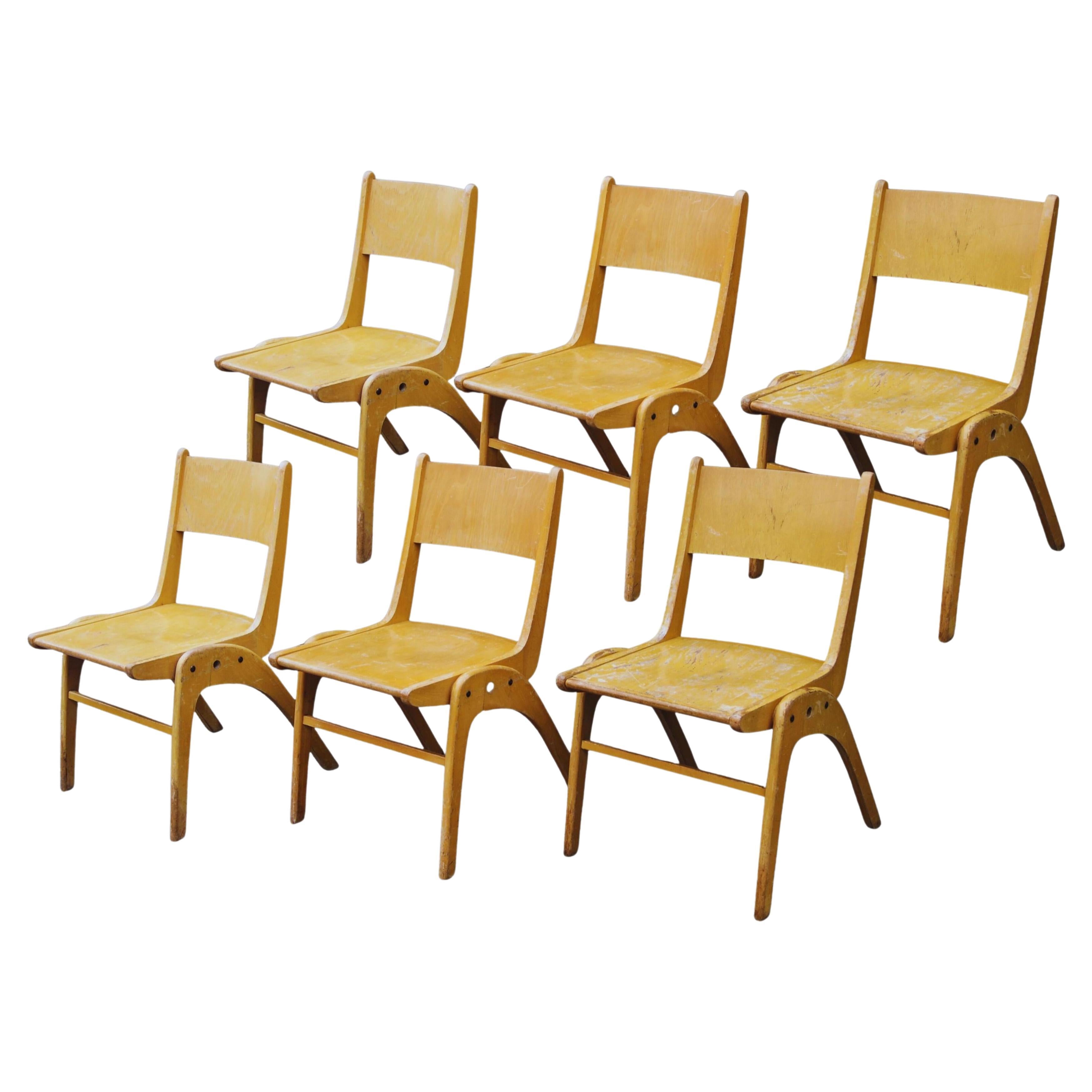 Set of 6 Fine French 1950s Beech Dining Chairs For Sale at 1stDibs