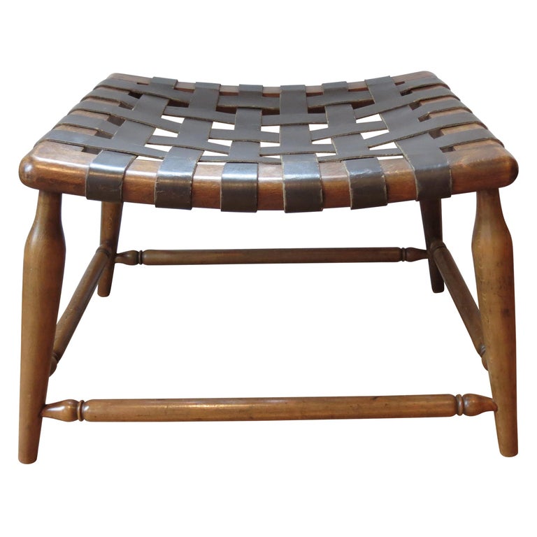1950s Beechwood and Brown Leather Strap Wooden Stool at 1stDibs