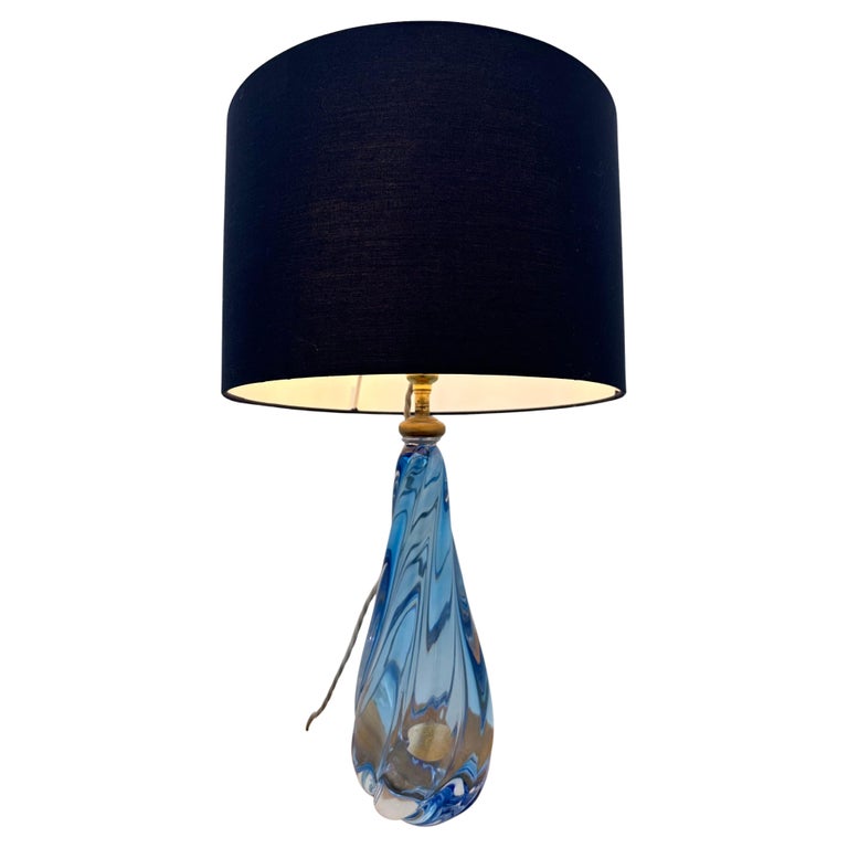 1950s Belgium Val Saint Lambert Blue and Clear Crystal Glass Table Lamp ...