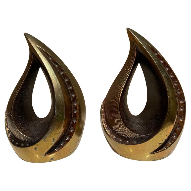 1950s Ben Seibel Modern Brass Bookends Sculptural Tear Drop Flame For ...